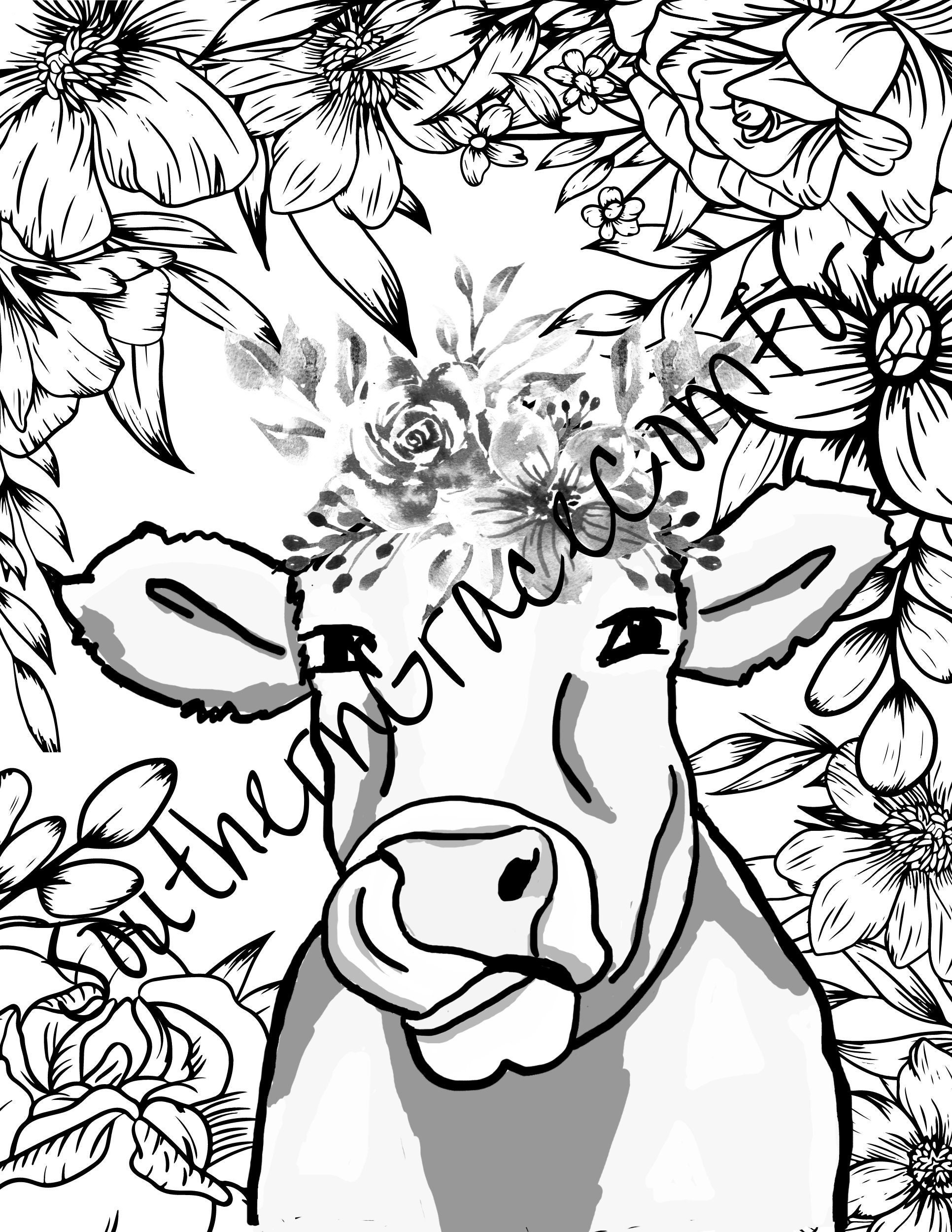 Cow With Floral Crown Printable Coloring Sheet, Coloring Page - Etsy