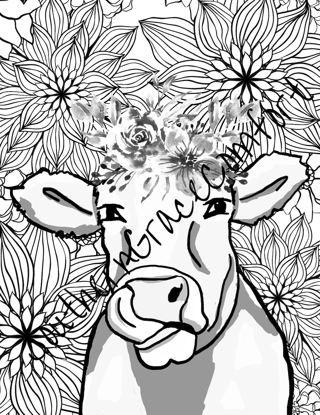 Floral Cow Printable Coloring Sheet, Coloring Page - Etsy
