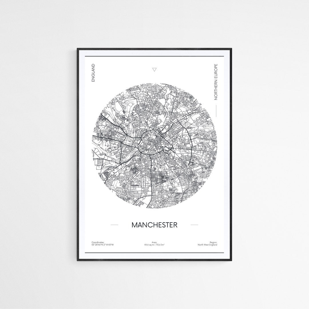 Manchester City Street Map Detailed Black and White Print Modern UK ...