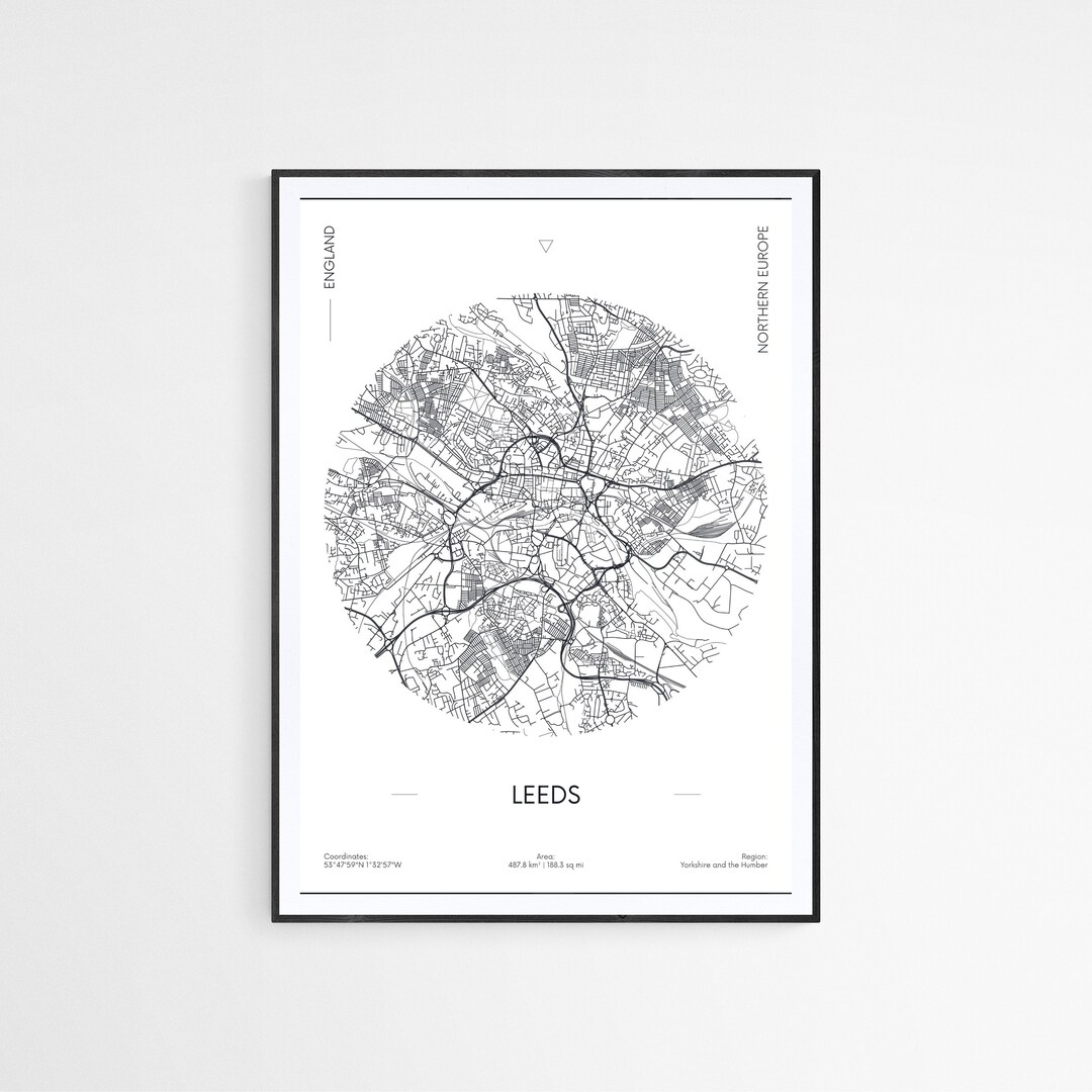 Leeds City Map Giclee Print Art Black and White Decor Urban Street Grid ...