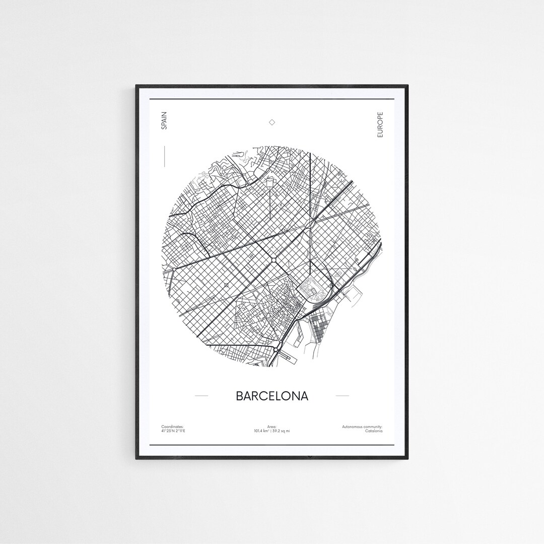 Barcelona Spain Circular Map Artwork Chic Monochrome Wall Decor Urban ...