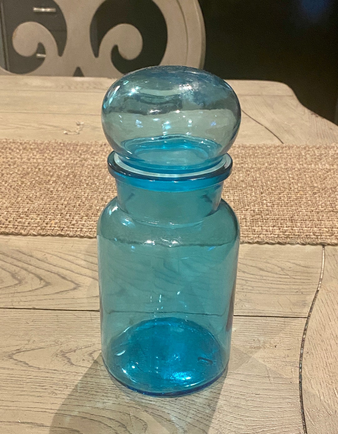 Blue Glass Canister MCM Container Belgium Jar Bubble Lid Apothecary 9 ...
