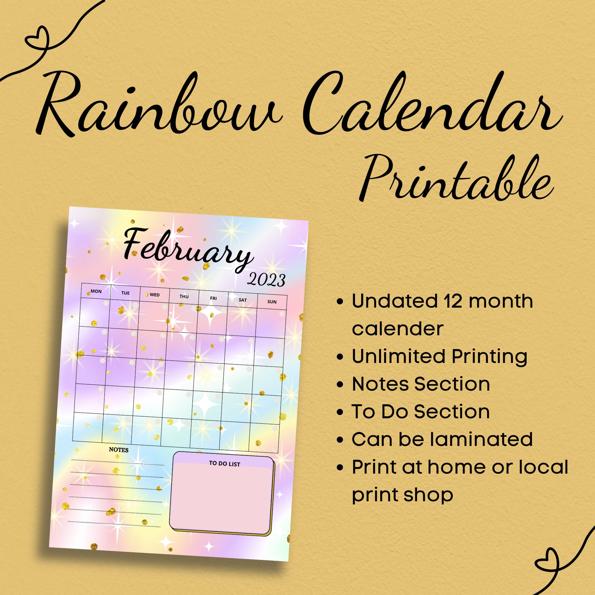 Undated 12 Month Rainbow Printable Calendar With to Do & Notes Sections ...