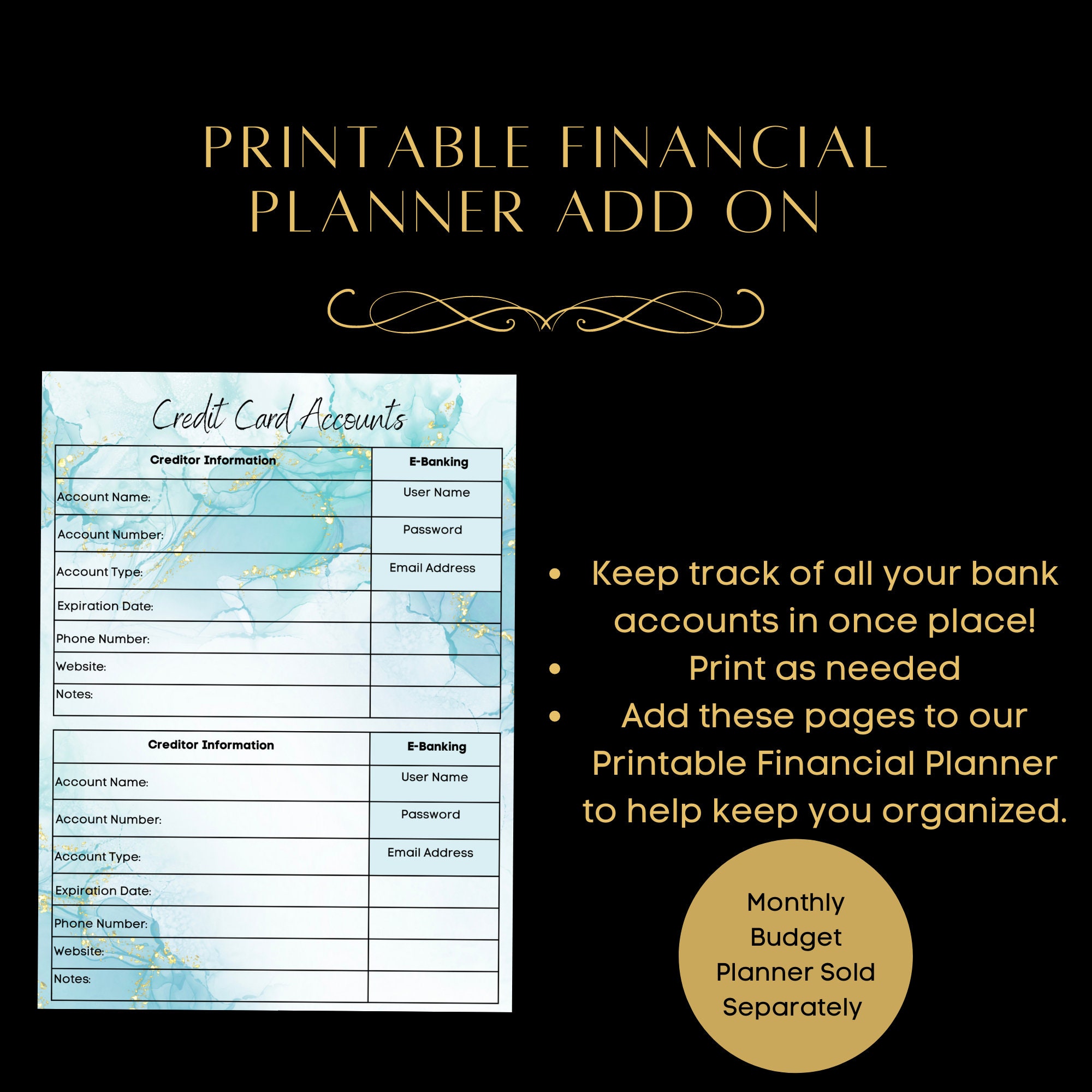 Blue Financial Budget Printable Planner Add on Pages for Bank/credit ...
