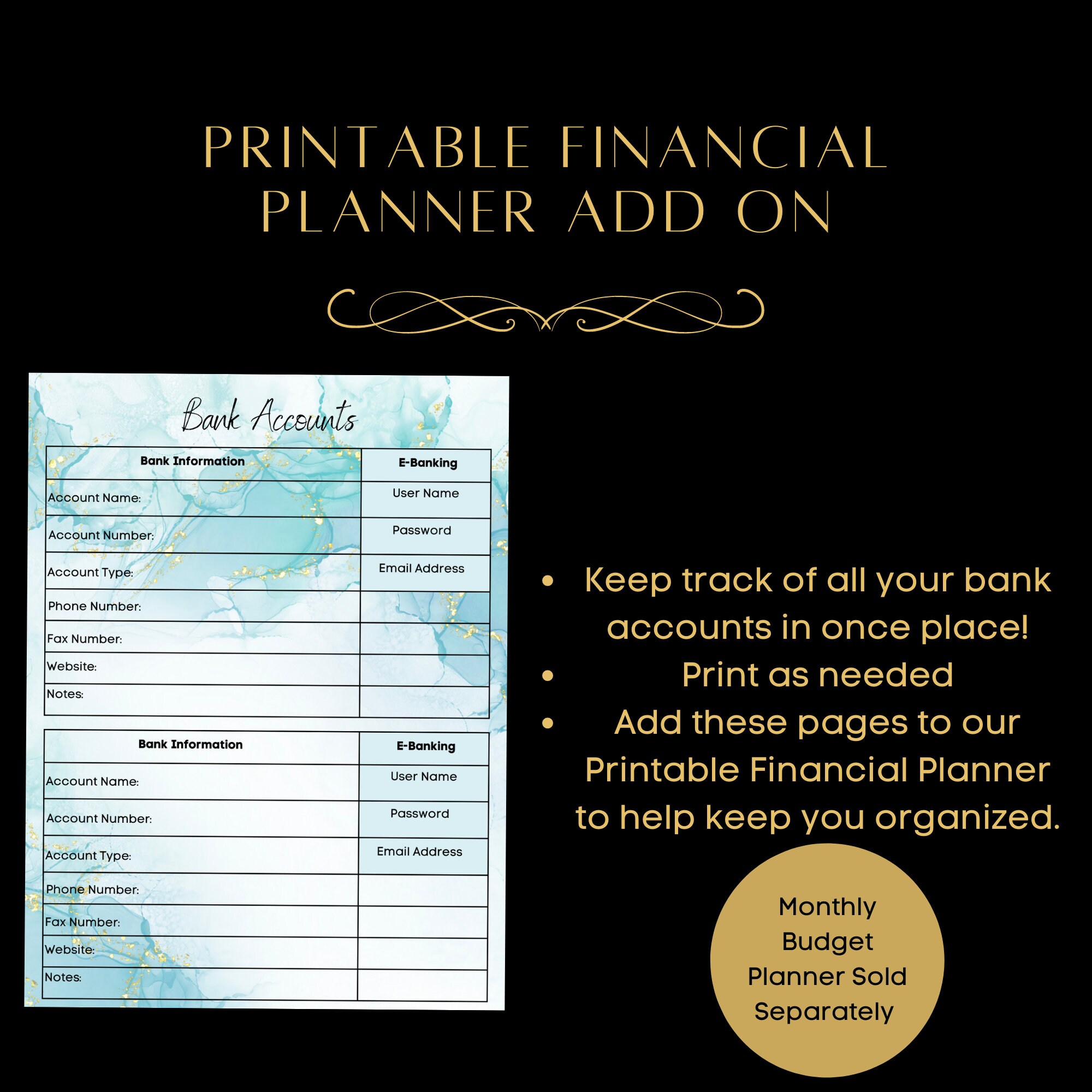 Blue Financial Budget Printable Planner Add on Pages for Bank/credit ...