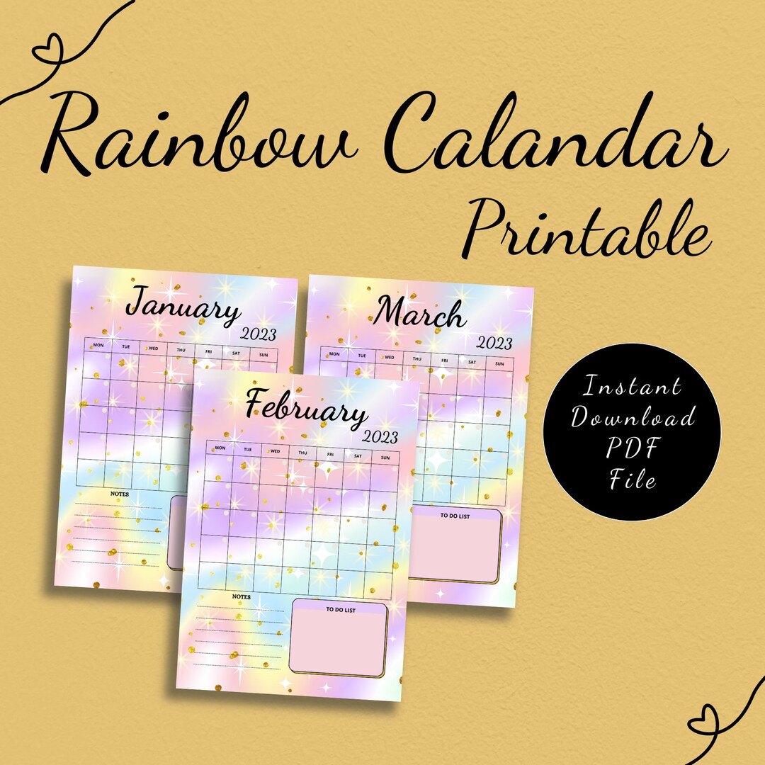 Undated 12 Month Rainbow Printable Calendar With to Do & Notes Sections ...