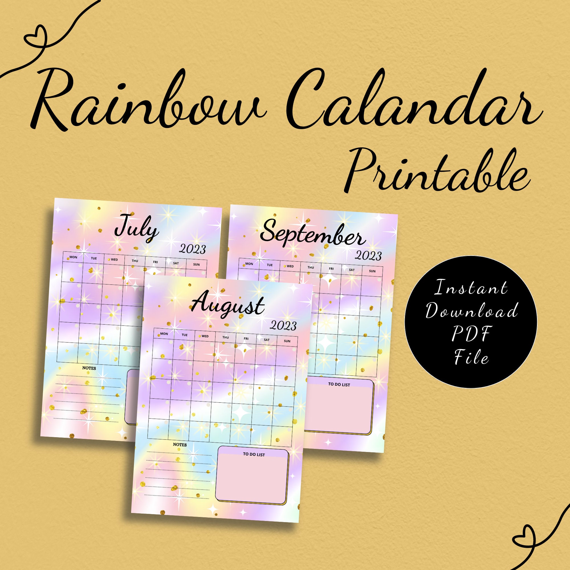 Undated 12 Month Rainbow Printable Calendar With to Do & Notes Sections ...