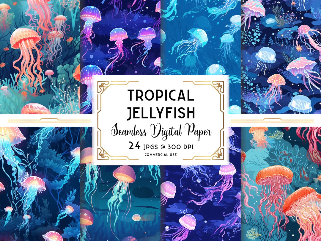 Jellyfish Digital Paper, Jellyfish Seamless Pattern, Tropical Jellyfish ...