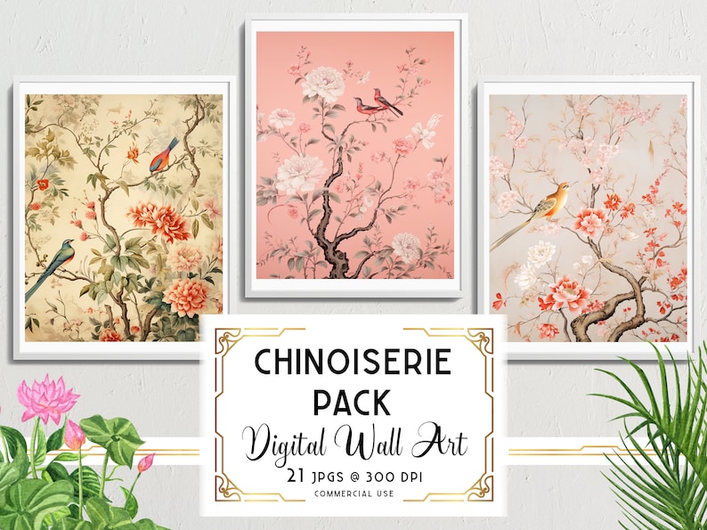 Chinoiserie Digital Wall Art Print Pack, Japanese Wallpaper Paintings ...