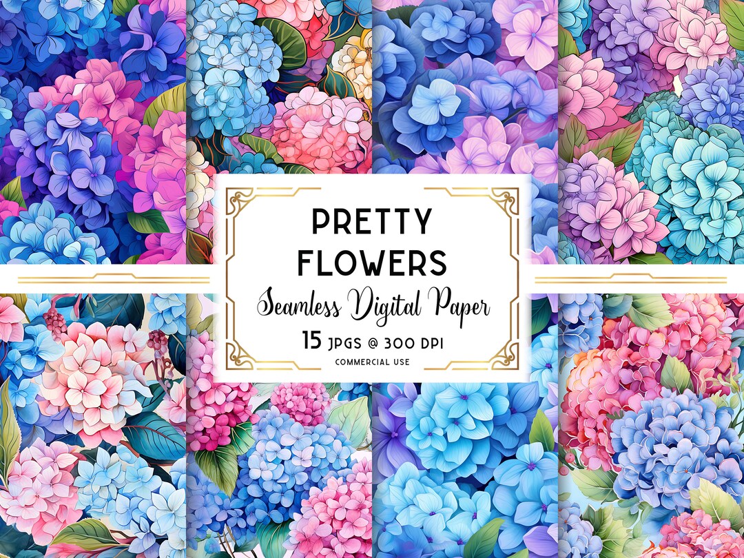 Hydrangea Digital Paper, Floral Seamless Repeating Pattern, Blossoms ...