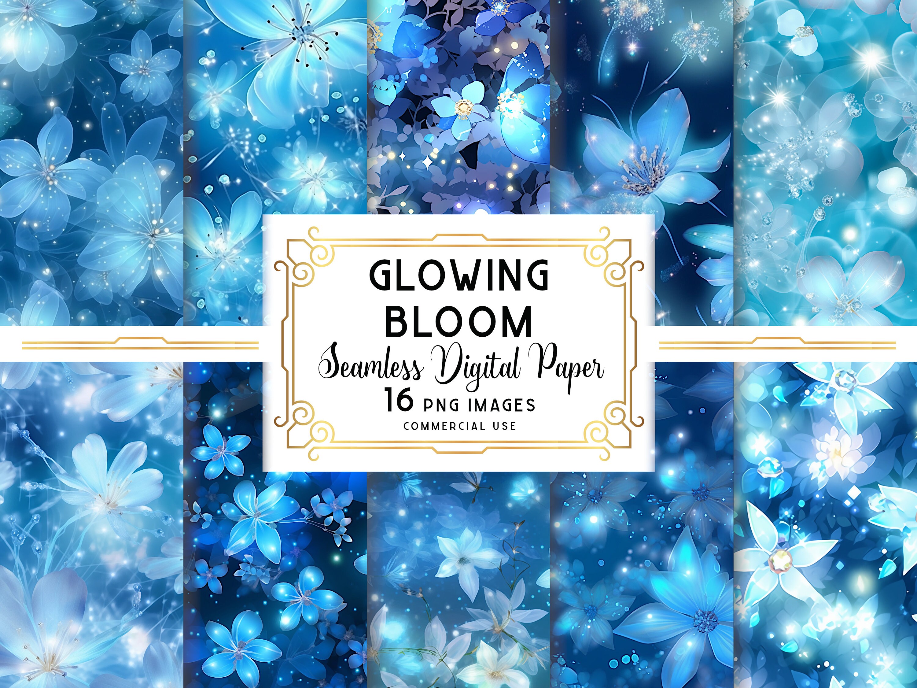 Glowing Flowers Digital Paper, Light Blue Neon Seamless Pattern, Neon ...