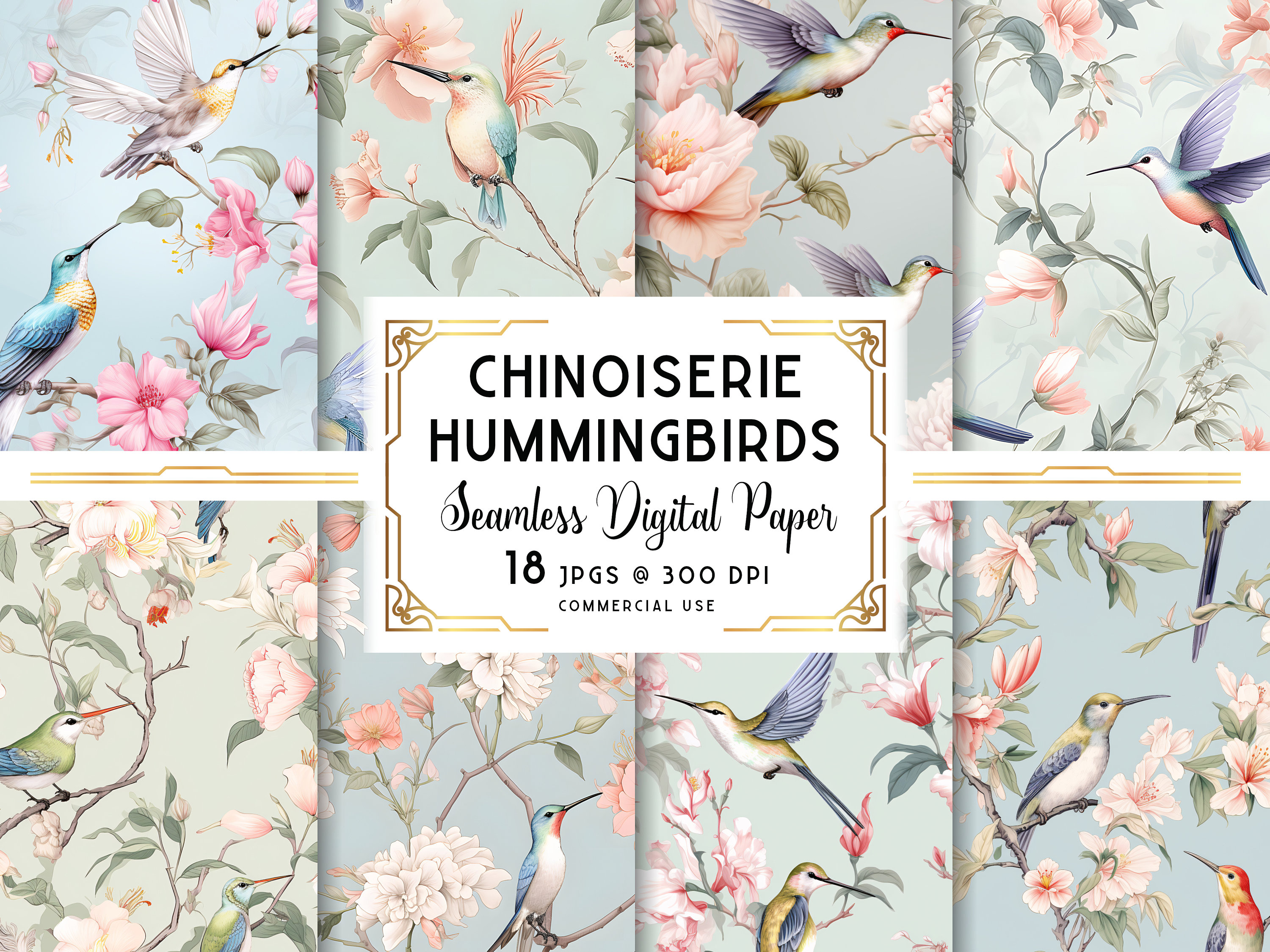 Chinoiserie Digital Paper Hummingbirds Seamless Pattern - Etsy