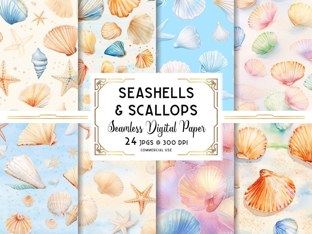 Seashells Digital Paper, Scallops Seamless Pattern, Seashell Paper ...