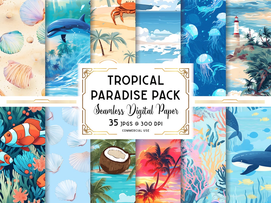 Tropical Island Digital Paper Pack, Beach Seamless Pattern, Ocean ...
