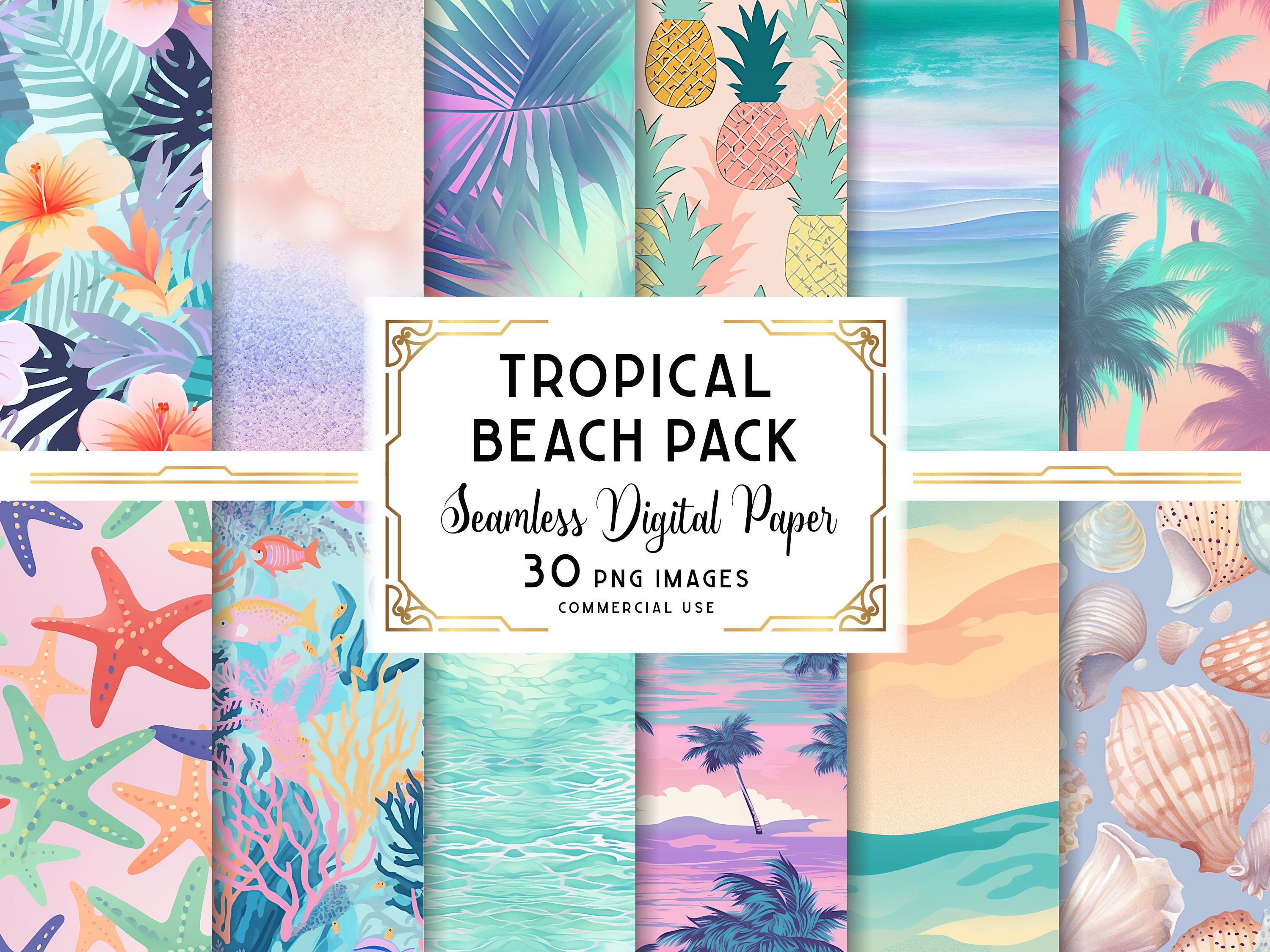 Tropical Beach Digital Paper Pack, Summer Beach Seamless Pattern ...