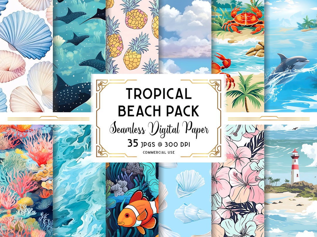 Beach Tropical Digital Paper Pack, Beach Summer Seamless Pattern ...