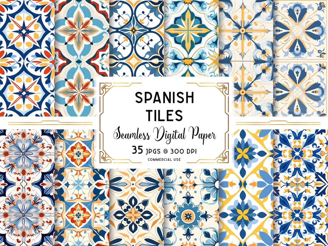 Spanish Tiles Digital Paper, Mediterranean Tiles Seamless Pattern ...