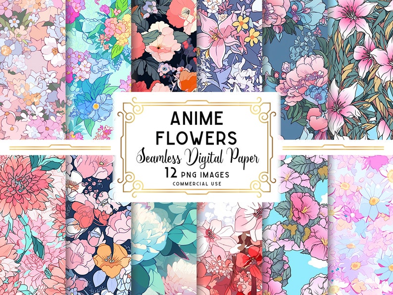 Anime Flowers Digital Paper, Floral Anime Seamless Pattern, Pastel ...