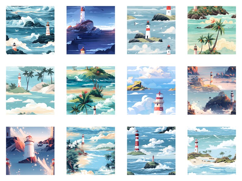 Lighthouses Digital Paper, Lighthouse Seamless Pattern, Lighthouse ...