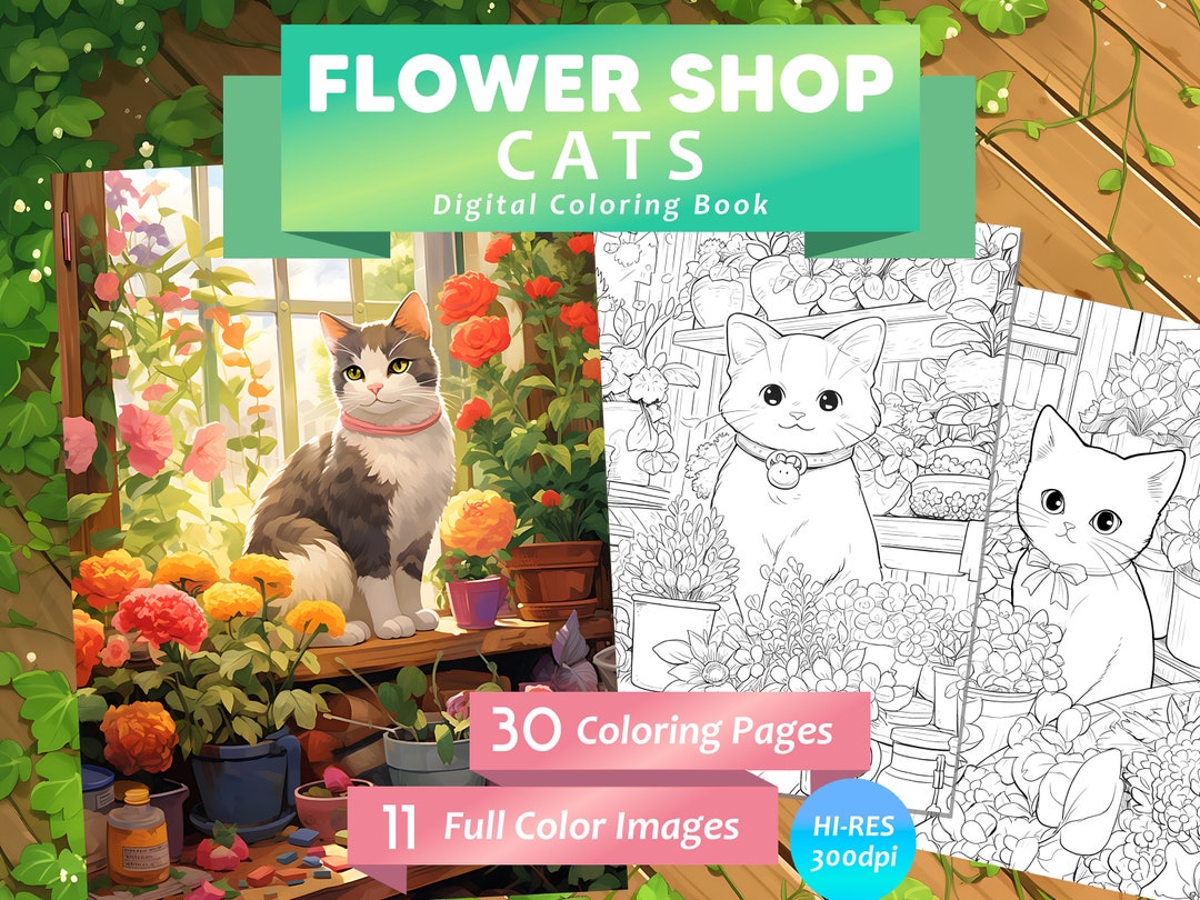 Cat Coloring Pages Book, Printable Coloring Book, Flower Coloring Page ...