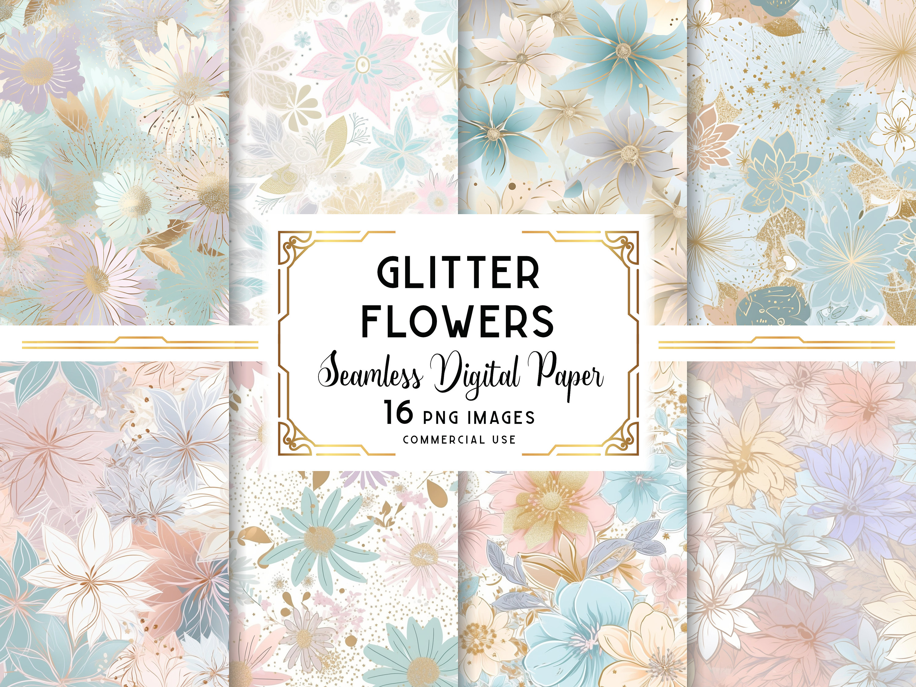 Glitter Flowers Digital Paper, Seamless Flower Glitter Design ...