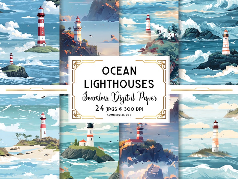 Lighthouses Digital Paper, Lighthouse Seamless Pattern, Lighthouse ...