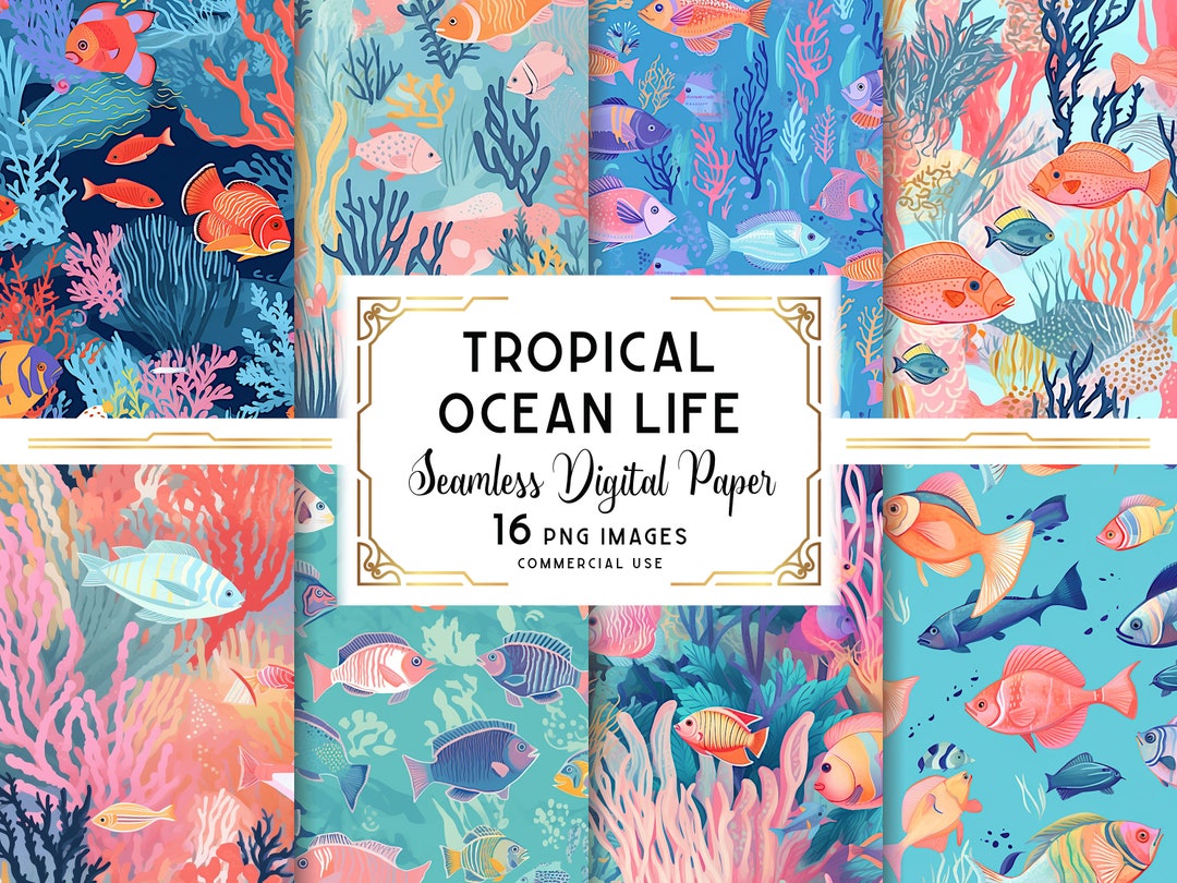 Coral Digital Paper, Ocean Seamless Pattern, Tropical Saltwater Fish ...