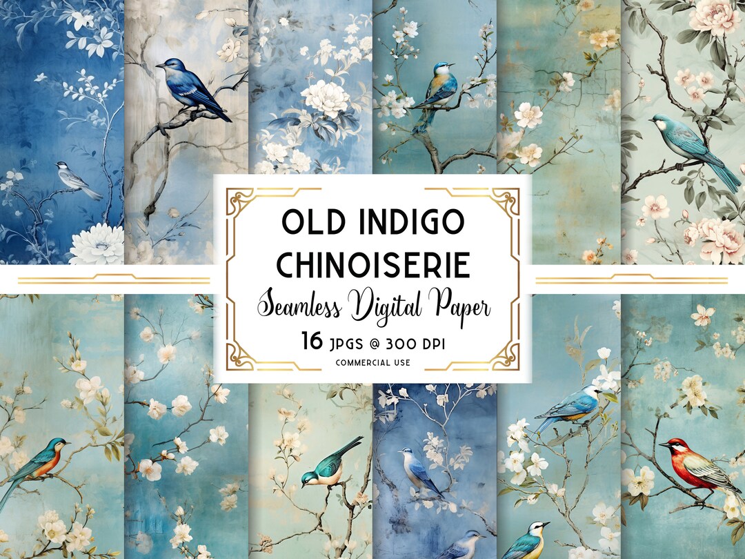 Indigo Chinoiserie Digital Paper, Ultramarine Asian Wallpaper Digital ...