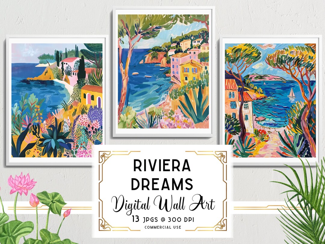 French Riviera Impressionist Wall Art, Mediterranean Art Illustrations ...