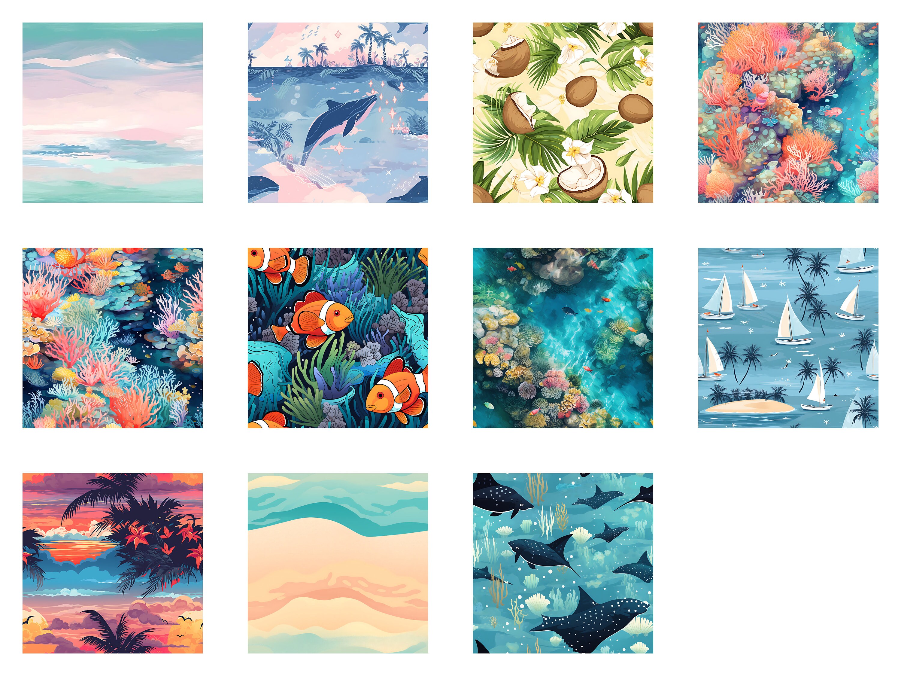 Beach Tropical Digital Paper Pack, Beach Summer Seamless Pattern ...