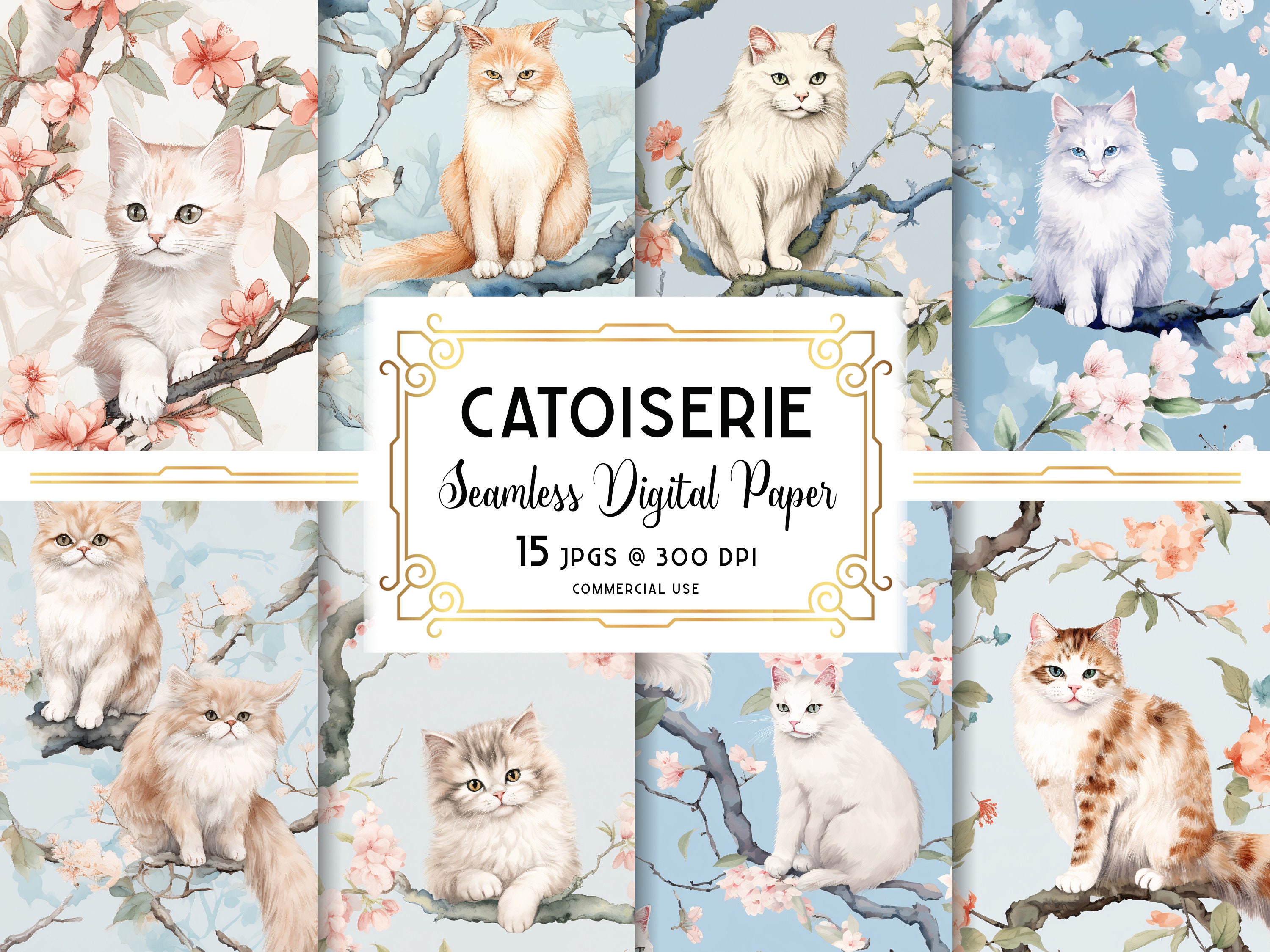 Seamless Chinoiserie Paper, Cat Seamless Pattern, Cat Wallpaper, Cat ...