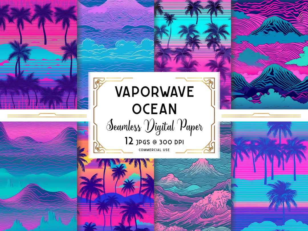 Vaporwave Digital Paper Synthwave Ocean Seamless Pattern - Etsy