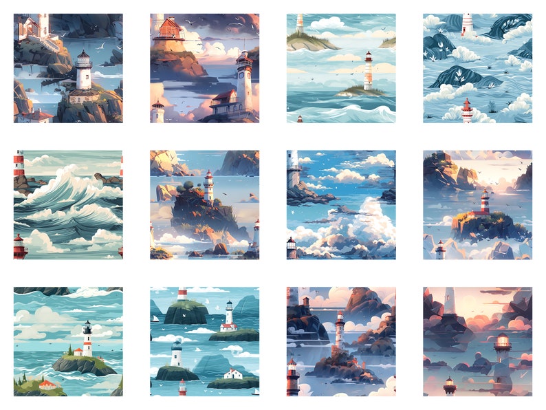 Lighthouses Digital Paper, Lighthouse Seamless Pattern, Lighthouse ...