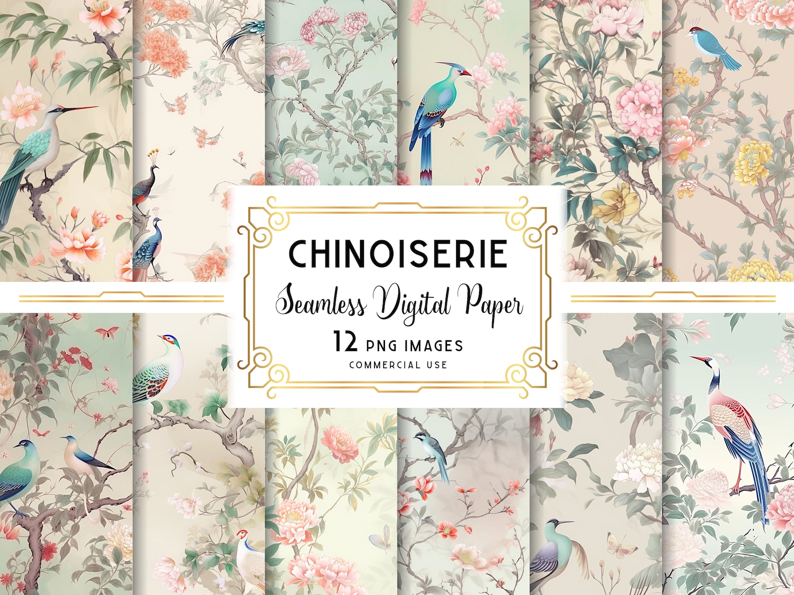 Chinoiserie Digital Paper, Chinoiserie Seamless Pattern, Traditional ...