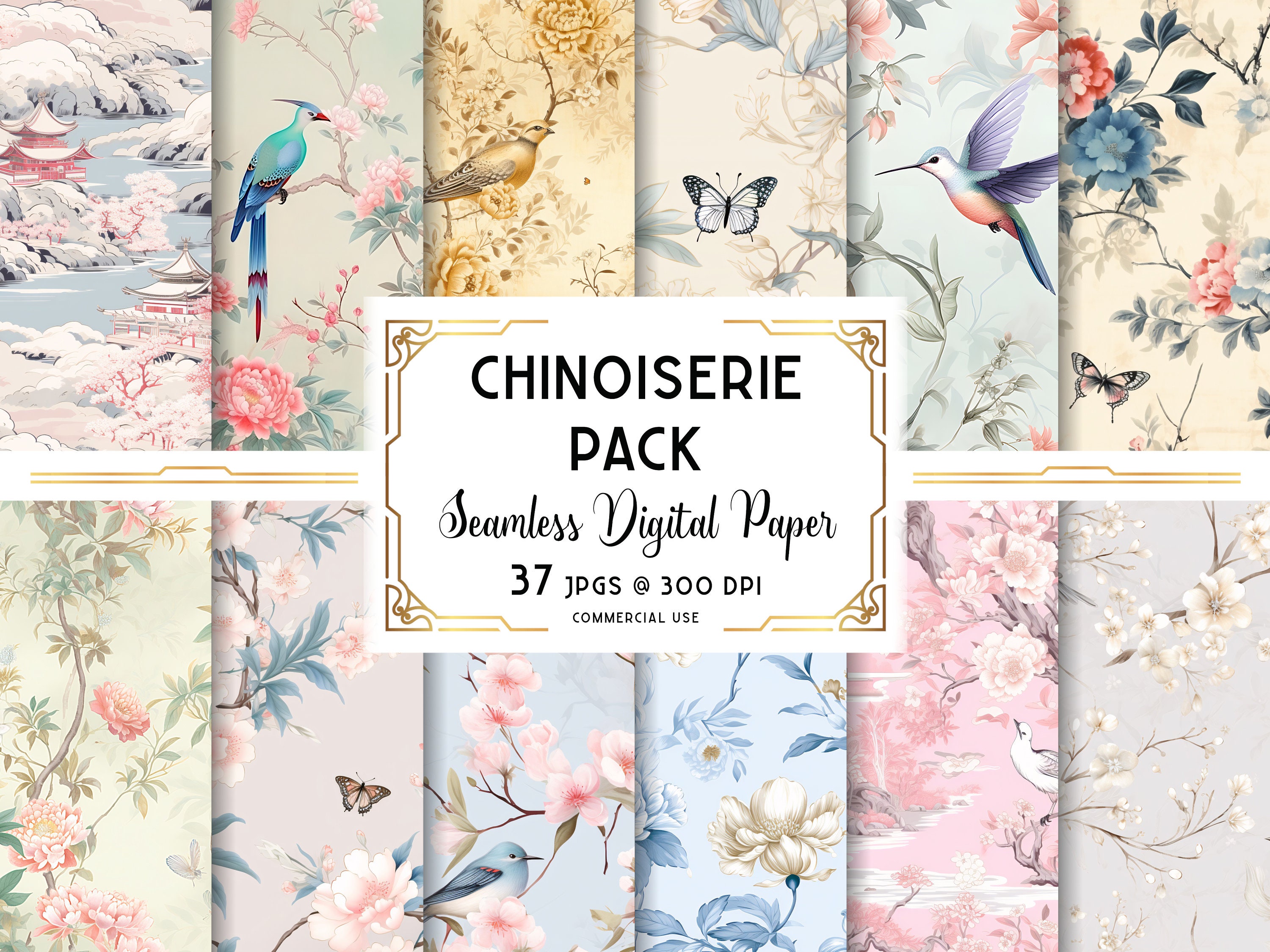 Chinoiserie Digital Paper Pack, Chinoiserie Seamless Pattern Bundle ...