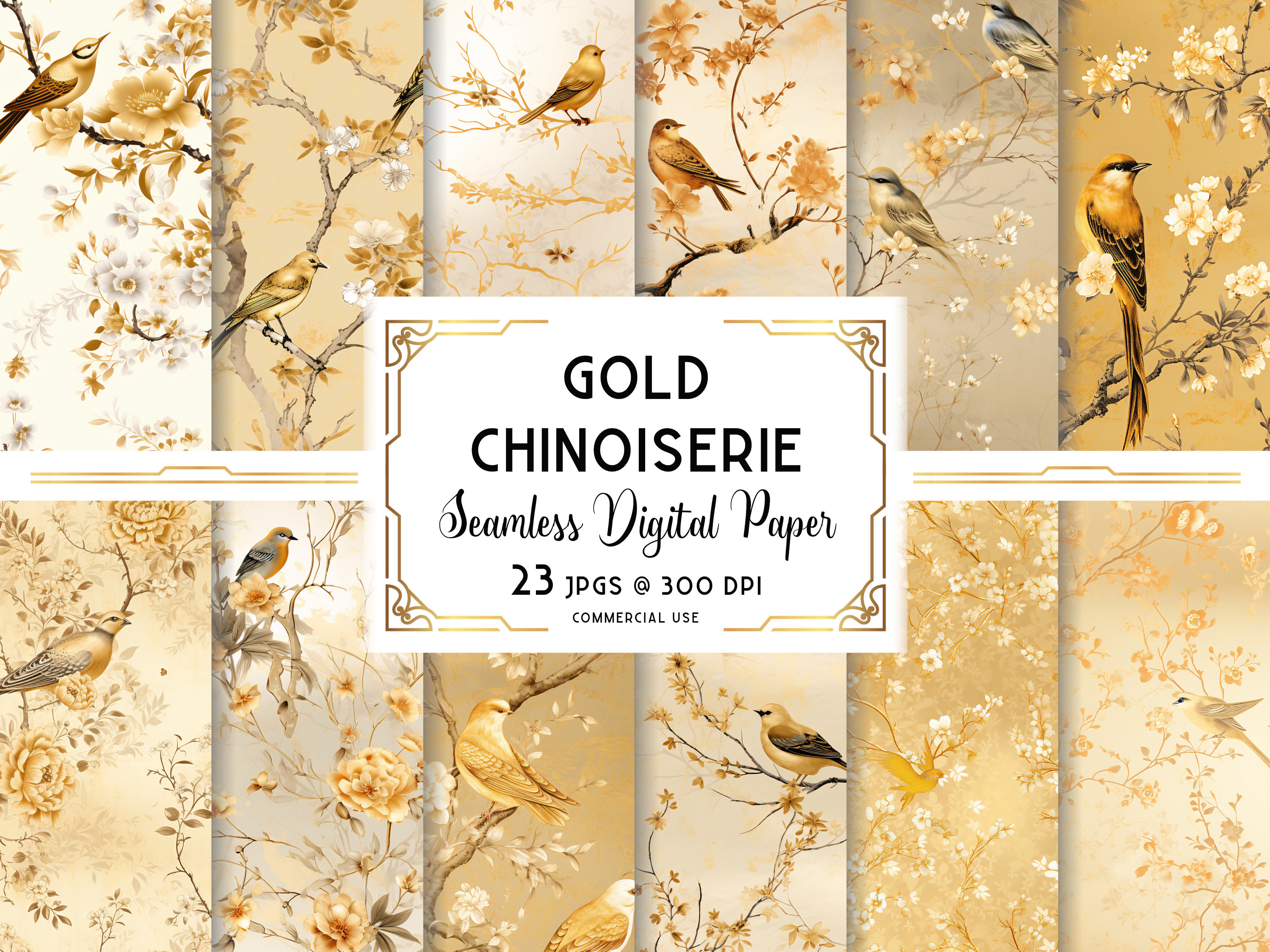 Chinoiserie Wallpaper, Gold Digital Paper, Asian Gold Wallpaper, Gold ...