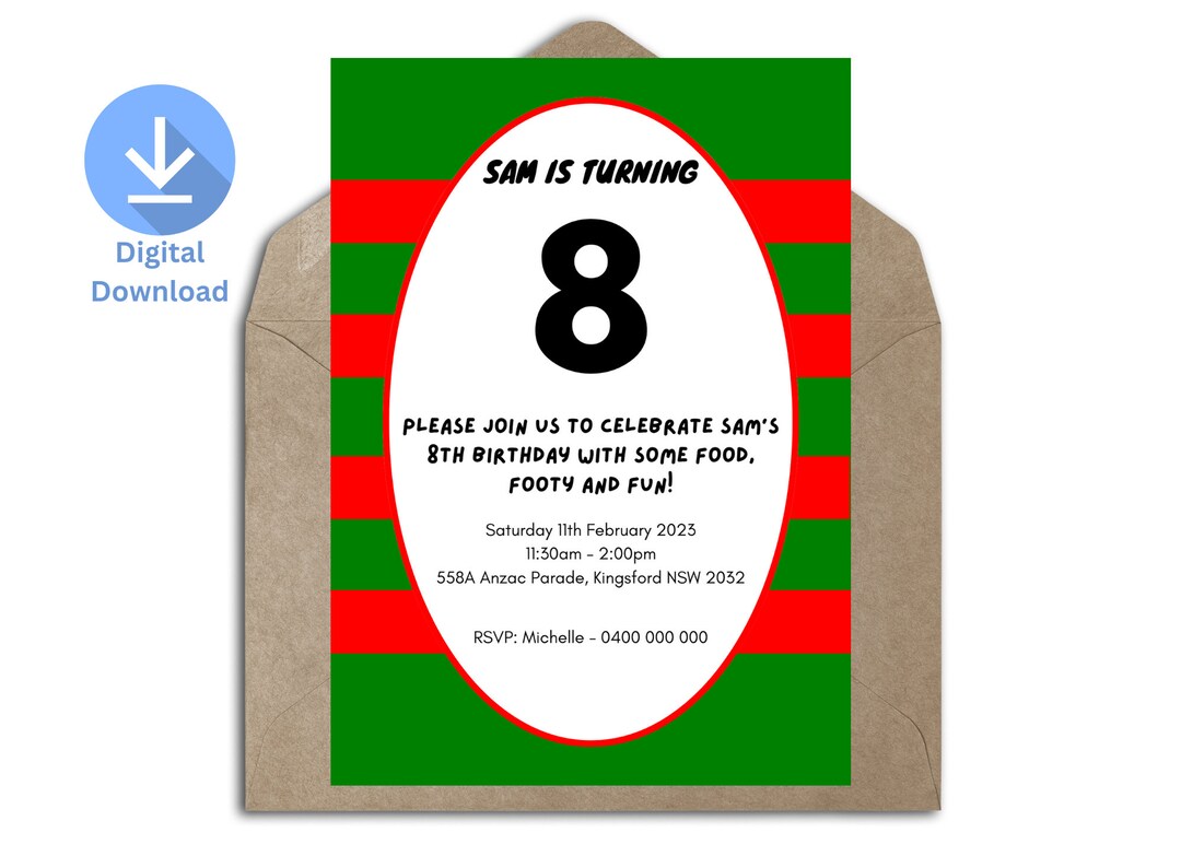 South Sydney Rabbitohs NRL Theme Birthday Invitation (digital Download ...
