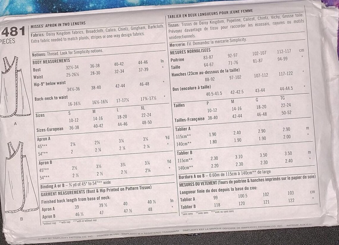 7481 Simplicity Crafts Daisy Kingdom Apron Pattern (size S, M, L, XL ...