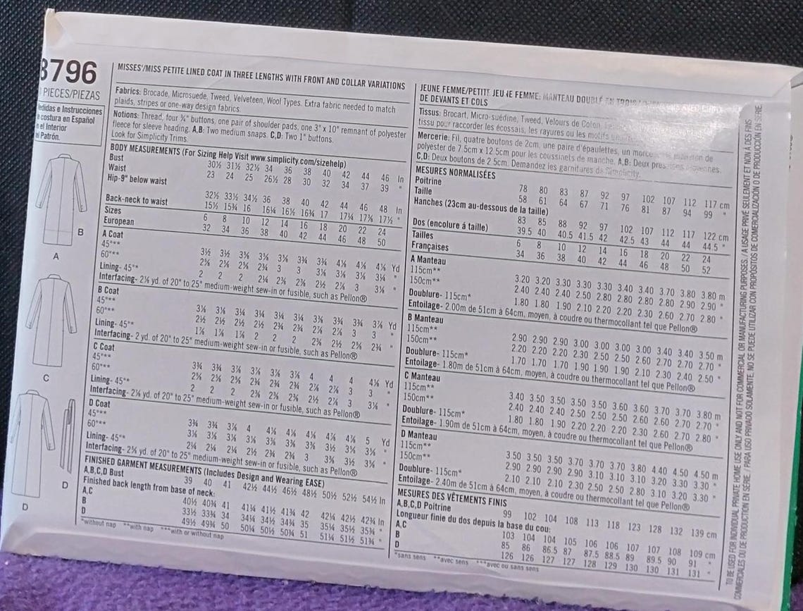 8796 Simplicity Sewing Pattern Misses'/ Miss Petite Lined Coats Sz 6-14 ...