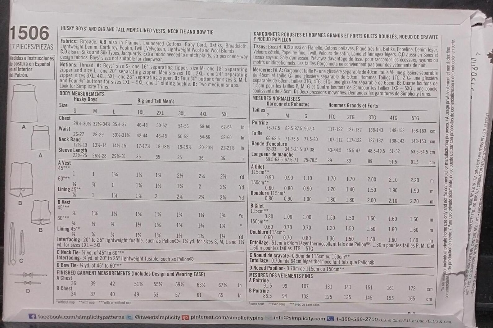 1506 Simplicity Sewing Pattern Husky Boys (size S-L) Also Big and Tall ...