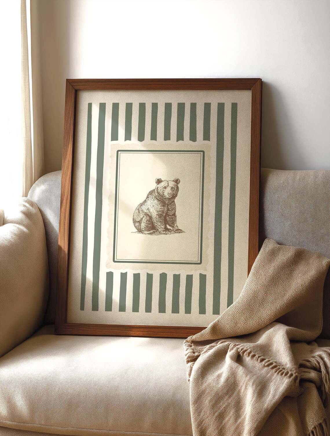 Vintage Bear Art Print – Forest Green Stripe Woodland Animal Decor ...