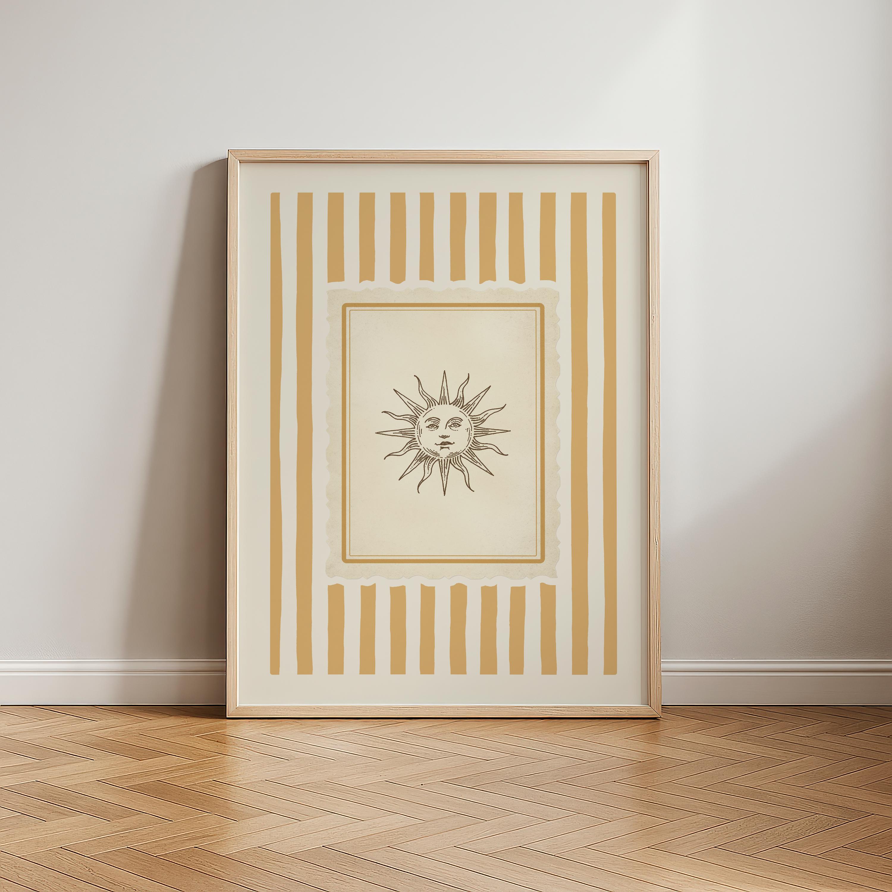 Vintage Sun Face Eclectic Wall Art – Yellow Stripe Celestial Decor ...