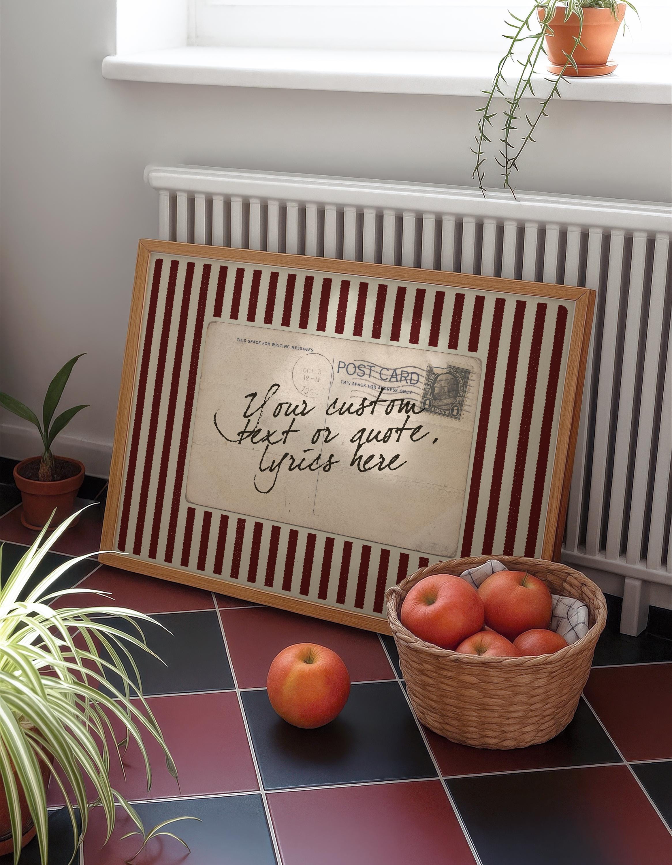 Custom Vintage Postcard Wall Art – Vintage Red Striped Print, Quote or ...