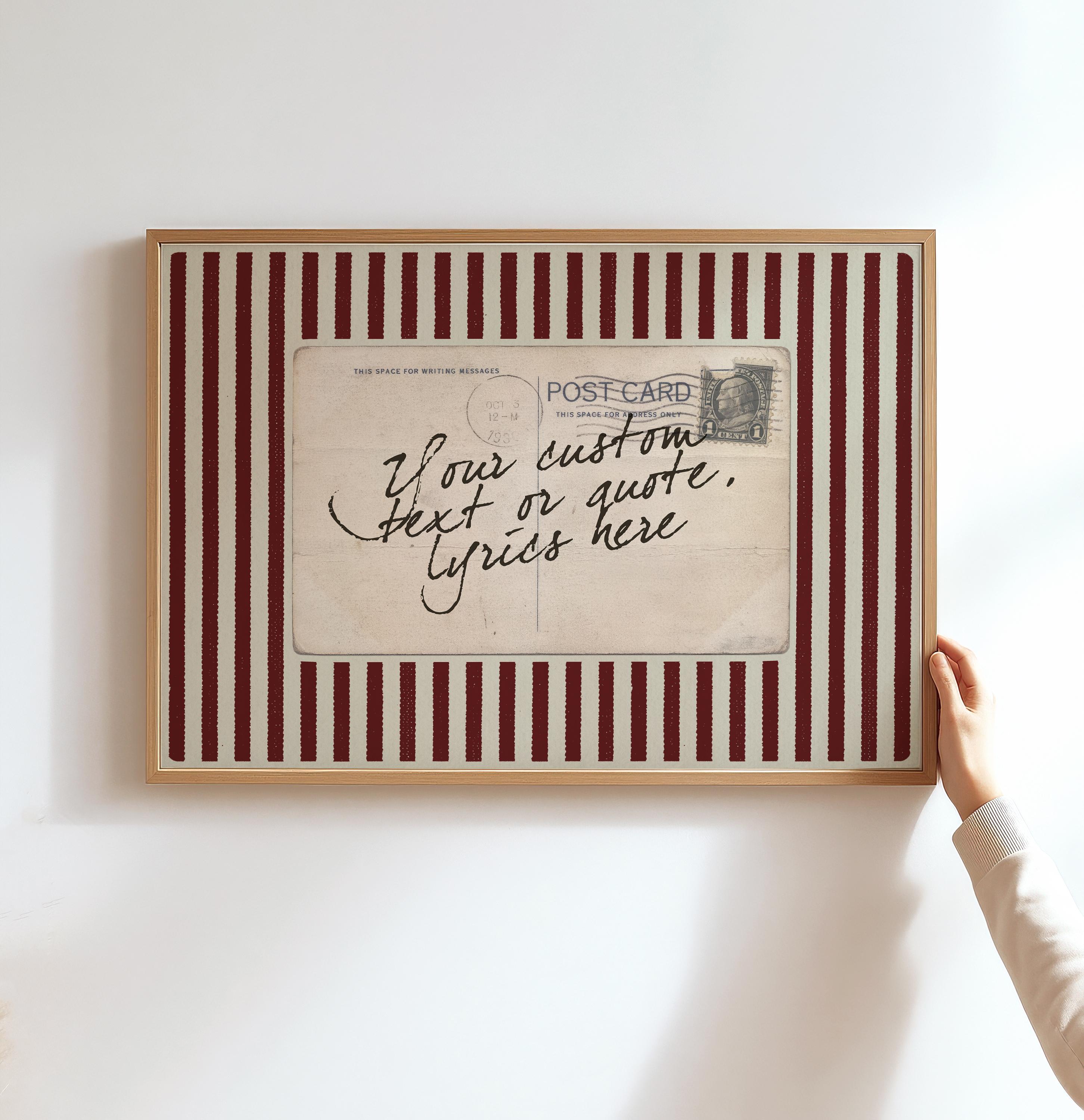 Custom Vintage Postcard Wall Art – Vintage Red Striped Print, Quote or ...