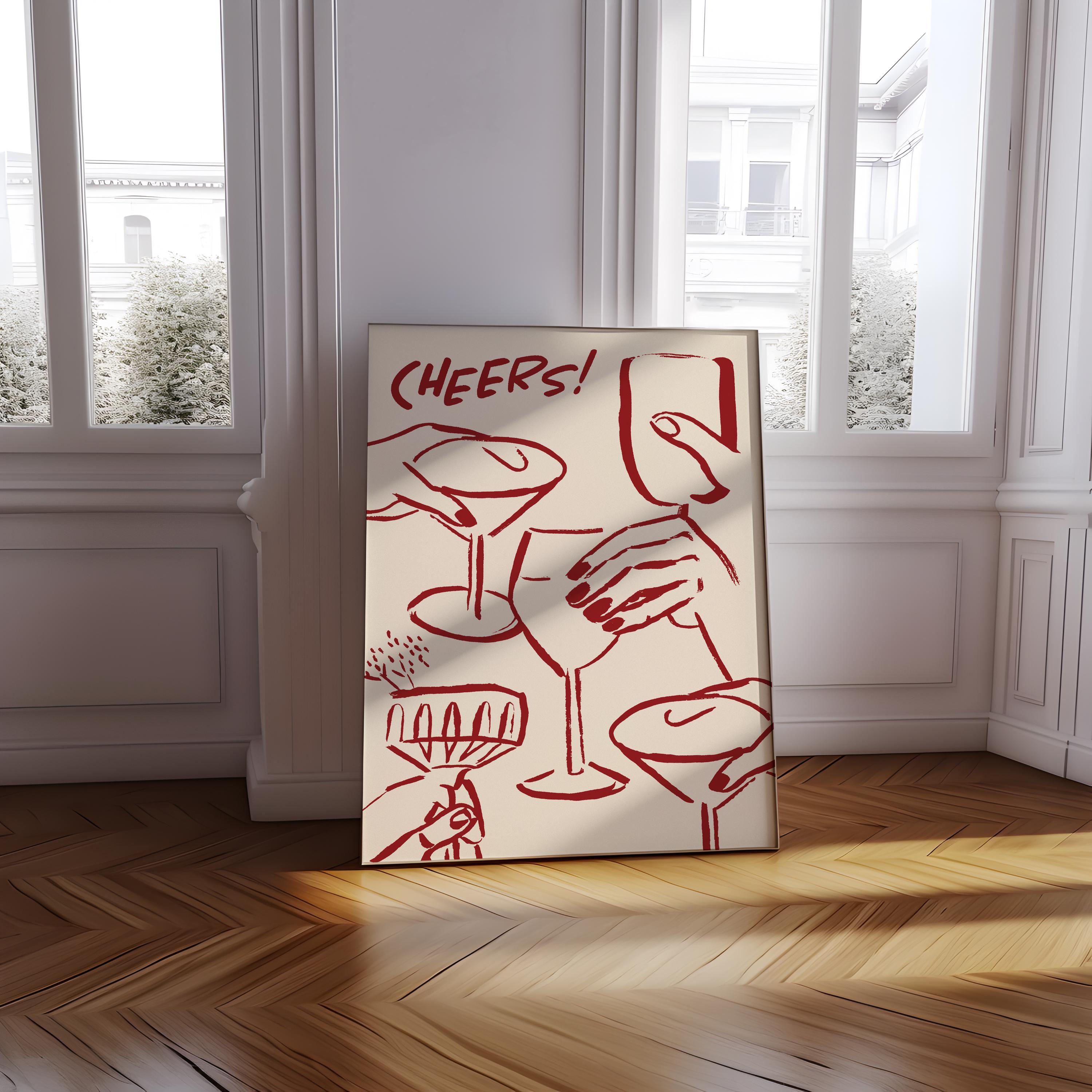 Red Cheers Wine Art Print – French Kitchen Minimalist Wall Art, Modern ...
