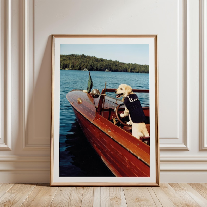 Coastal Dog Photo Print – Vintage Dog on Boat Wall Art, Preppy Lake ...