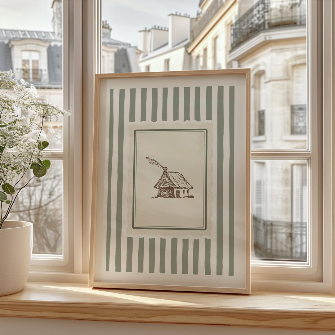Vintage Cottage Art Print – Sage Green Stripe Wall Decor, Cozy Rustic ...