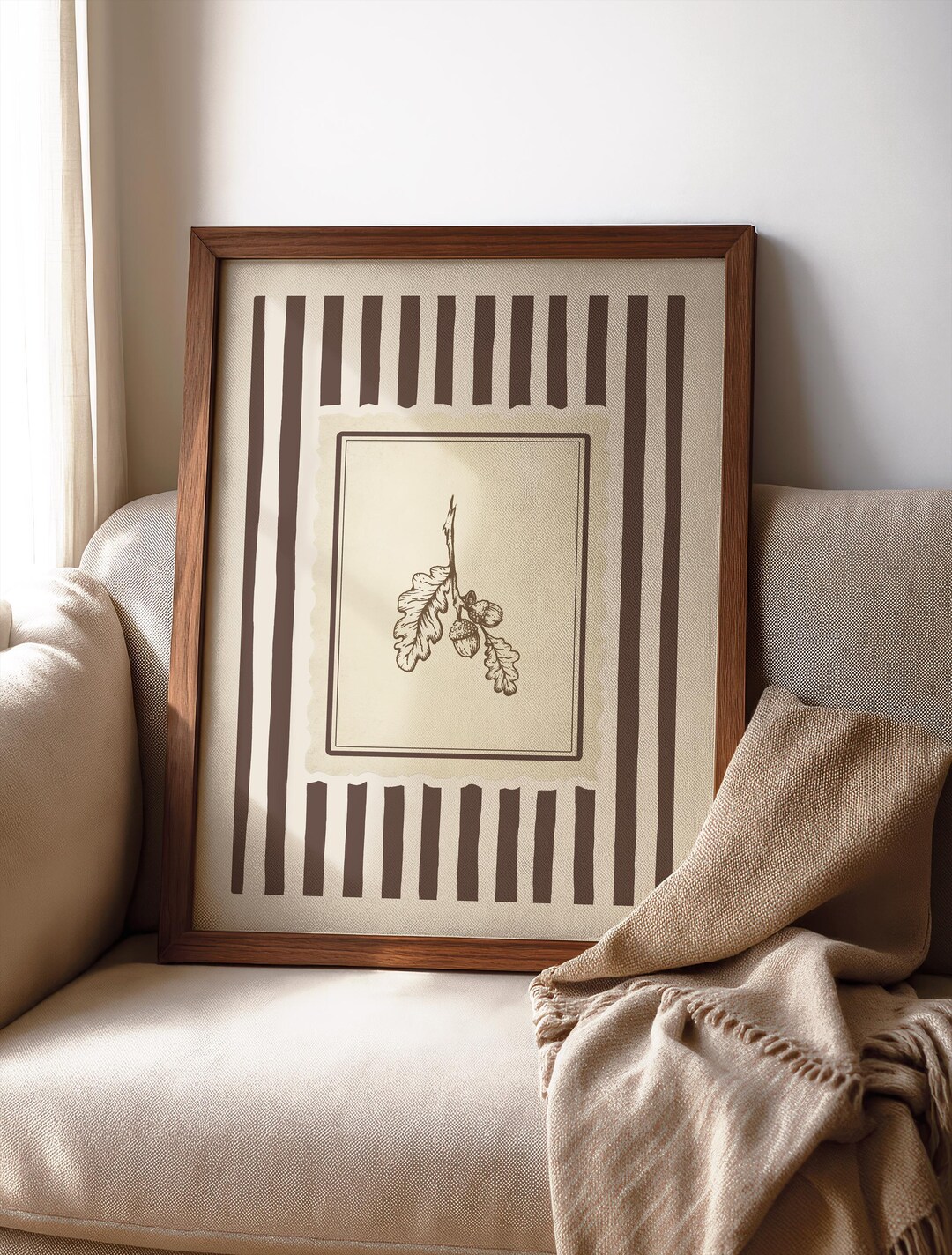 Vintage Oak Acorn Botanical Print – Brown Striped Wall Art (digital ...