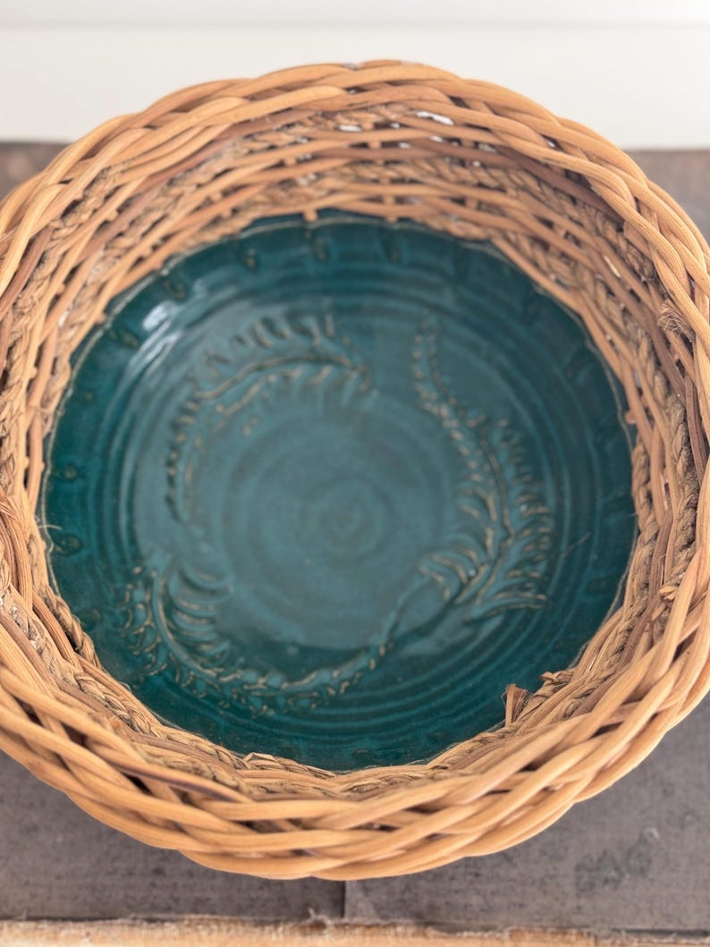 Vintage Green & Wicker Pottery Basket | Antique - Etsy