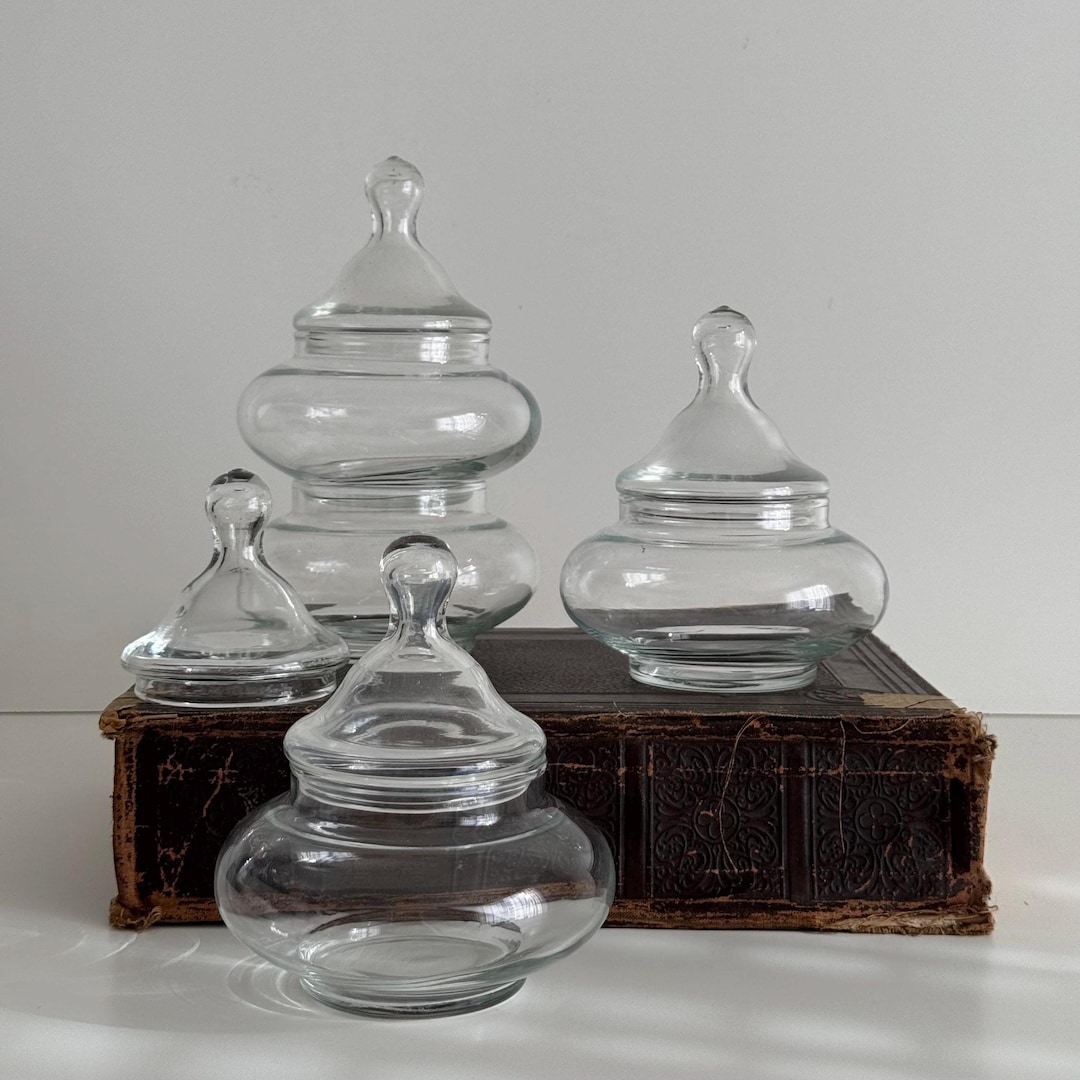 Vintage Glass Apothecary Jars With Lids - Set of 4 - Etsy